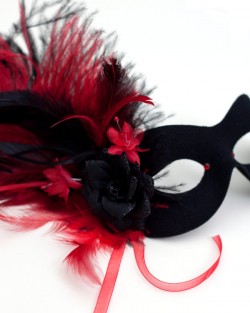 Women's Floral Black & Red Feather Masquerade Mask
